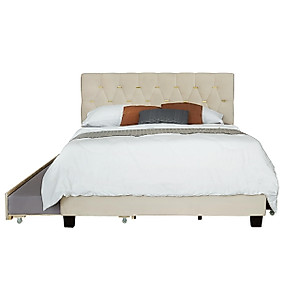 Harper & Bright Designs Beige Queen Platform Bed with Twin XL Trundle & 2 Storage Drawers, Velvet Upholstered Queen Storage Bed Frame with Headboard, No Box Spring Required