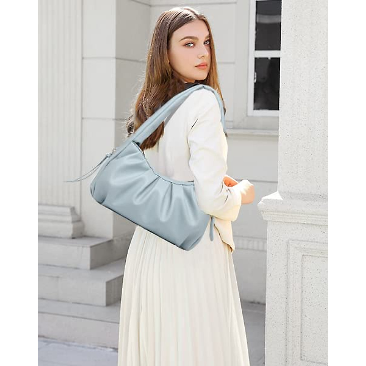 LUCKWE Ruched Hobo Bags for Women Satchel Purses Handbag Medium Crossbody Bags Drawstring Designer Shoulder Bag (Blue)