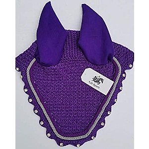 Horse Fly Bonnet with Ears Net Mask Veil with Crystals Blings Hand Made Breathable Cotton Crochet Shows Protect from Bugs and Flies (Full, Purple)