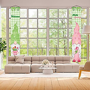 Pudodo Hello Spring Gnome Porch Banner Tulip Leaf Buffalo Plaid Check Holiday Front Door Banner Wall Hanging Party Decoration