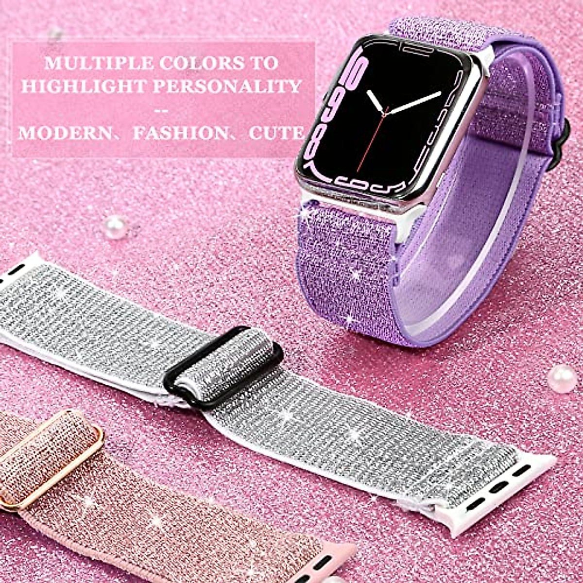 Bling Nylon Stretchy Bands Compatible With Apple Watch Bands 38mm 40mm 41mm For Women Girls, Adjustable Braided Loop Sport Bands For iWatch Series 8 7 6 SE 5 4 3 2 1, 6 Pack Sparkly Shiny Black Pink