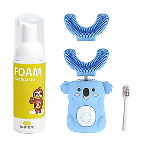 Kids Electric toothbrushe and Foam toothpaste, Children U Shaped Ultrasonic Automatic Toothbrush with 3 Brush Heads, 3 Cleaning Modes, Automatic Timer Tooth Brush for toddler, (Age 2-8,Bue) (Bue)