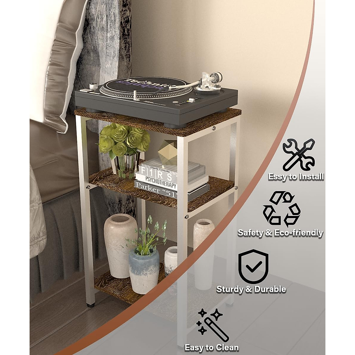 Tigerden 3 Tier Side Table, Heavy Duty End Table with Shelves, Narrow nightstand Table for Small Spaces, Record Player Table for Bedroom, Living Room, Sofa Couch - Rustic Brown & White