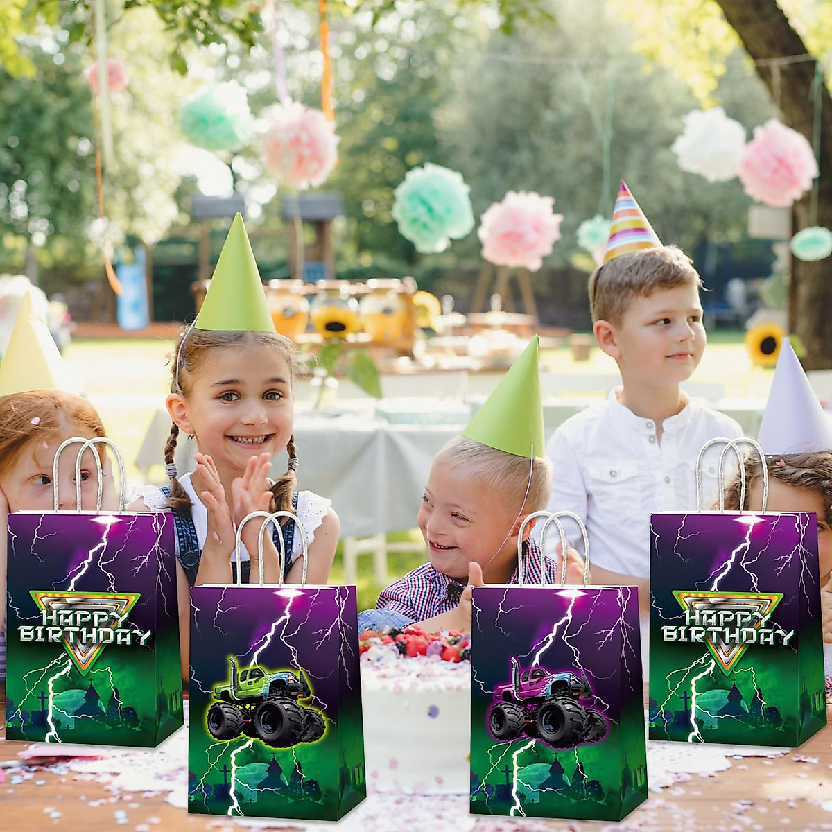 CHUNNIN 12Pcs Green Purple Monster Truck Party Paper Bags Monster Truck Birthday Gift Bags Supplies Racing Truck Theme Party Bags Monster Truck Party Candy Treat Bags for Kids Birthday Party Favor