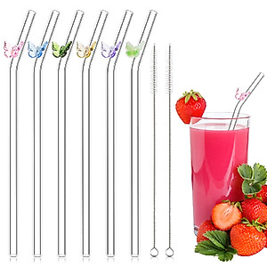 eBoot 6 Pcs Reusable Glass Straws Bent with Design, 8 mm x 7.9 in Colorful Clear Straws Glass with Cleaning Brush for Smoothie Cocktail Juice Shakes Beverages (Bright Colors, Butterfly)