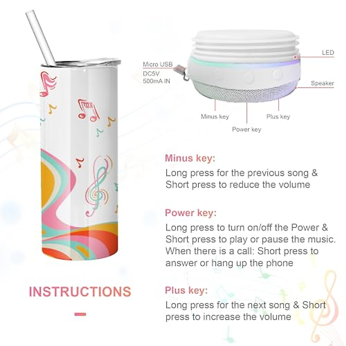 Icesip 12 Pack Music Speaker Tumbler, 20 oz Sublimation Tumbler Skinny Straight Double Wall Cup with Straw Lid & USB Charging Cable 6 Colors