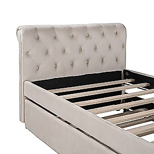 Harper & Bright Designs Twin Daybed with Trundle Bed, Twin Size Upholstered Daybed with Wood Slat Support, Upholstered Tufted Sofa Bed, No Box Spring Needed (Twin, Beige)