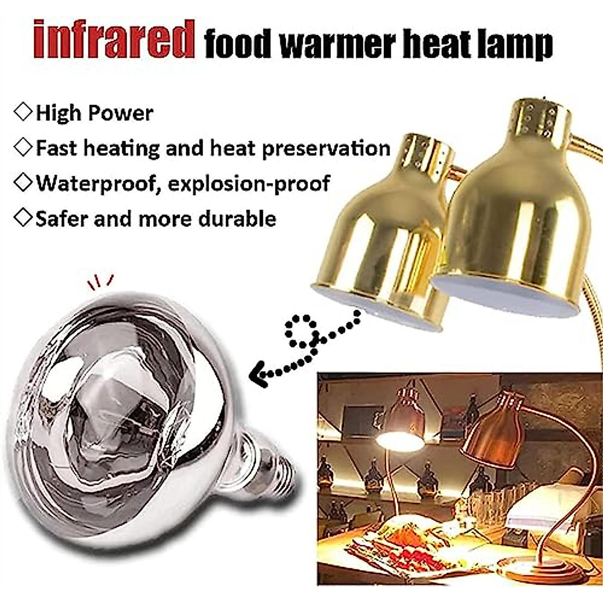 LINKANRUO Countertop Food Warmer Lamp 250W Bulb Commercial Food Heat Lamp for Food Warming Restaurant Warmer Food Service, Adjustable Lampshade Lamps(Sliver,Double Head)
