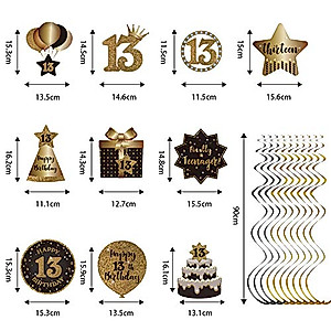 Happy 13th Birthday Party Hanging Swirls Streams Ceiling Decorations, Celebration 13 Foil Hanging Swirls with Cutouts for 13 Years Old Black and Gold Birthday Party Decorations Supplies