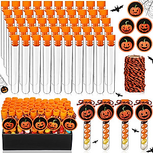 Photect 50 Set Halloween Test Tubes 100 x 16 mm Clear Plastic Tubes with Caps 10 ML Candy Tubes for Candy Storage, Scientific Experiments, Halloween Party Favors