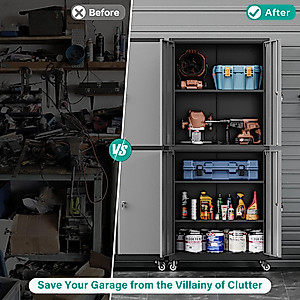 SISESOL Metal Storage Cabinet with Wheels,Rolling Garage Storage Cabinet with Lock,Gray Metal Cabinet with Shelves,Tool Cabinet,Tall Storage Cabinet on Wheels for Garage,Home,Office,Shop