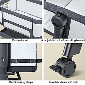 BabyBond Baby Bassinet, 3 in 1 Infant & Toddler Cradle with Soft Waterproof Mattress and Skin-Friendly & Breathable Sheet, 6 Height Adjustable, Easy to Assemble Bedside Crib Sleeper, Black+grey (Y08)