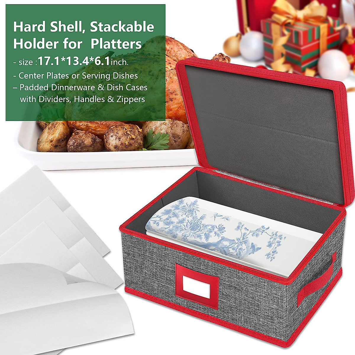 VERONLY Platter Storage Case Stackable - Christmas China Storage Containers, with Hard Lid Height of 5.3'' Padded Surfaces - Structured Top, Bottom and Sides, 4 Felt Dividers Included (Grey and Red)