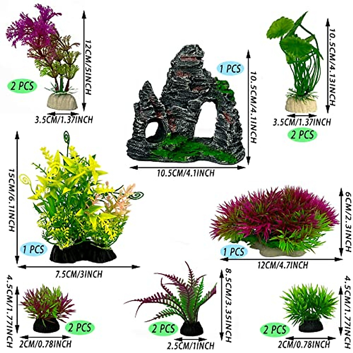 Aquarium Decorations Plants Set with Rockery View - 13 Pack Aquarium Decor Plants and Rock Cave Hideout Ornaments, Fish Tank Decorations, Fish Tank Plants Plastic Decoration for Aquariums
