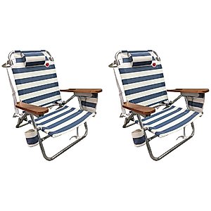 OmniCore Designs Multi-Position Wood Arm Beach Chair (2-pk) | Headrest, Media Organizer Pocket, Cup Holder, textilene Fabric, Dual Backpack Carry Straps | Outdoor Patio and Camping Chair