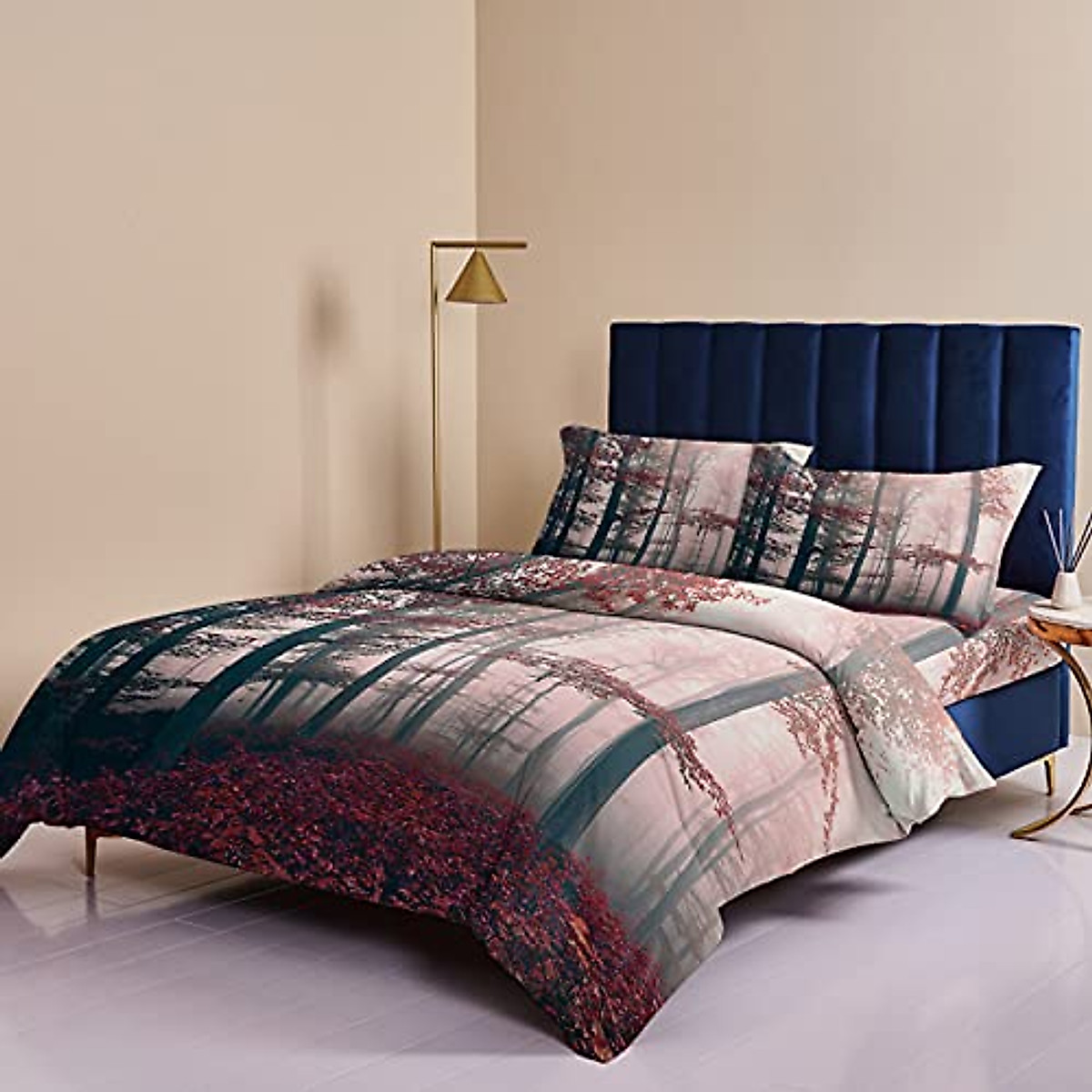 4 Piece Bedding Duvet Cover Set Aesthetic Forest Tree Red Leaves,Soft Bedspread Decorative Pillow Shams Microfiber Quilt Cover Nature Landscape,Washable Bed Sheet Comforter Set for Bedroom Hotel Twin
