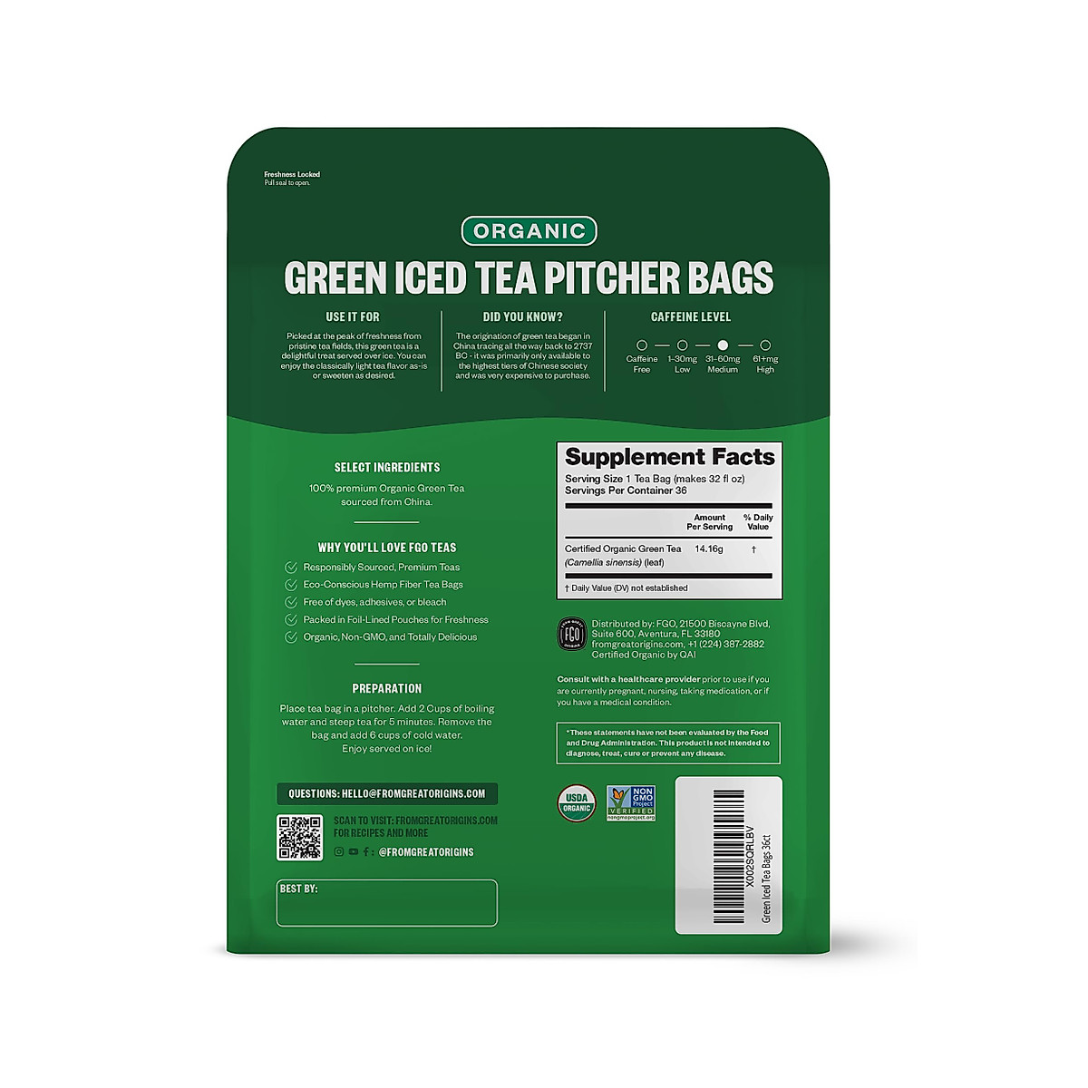 FGO Organic Green Iced Tea, Eco-Conscious Tea Bags, 36 Pitcher Bags, Packaging May Vary (Pack of 1)
