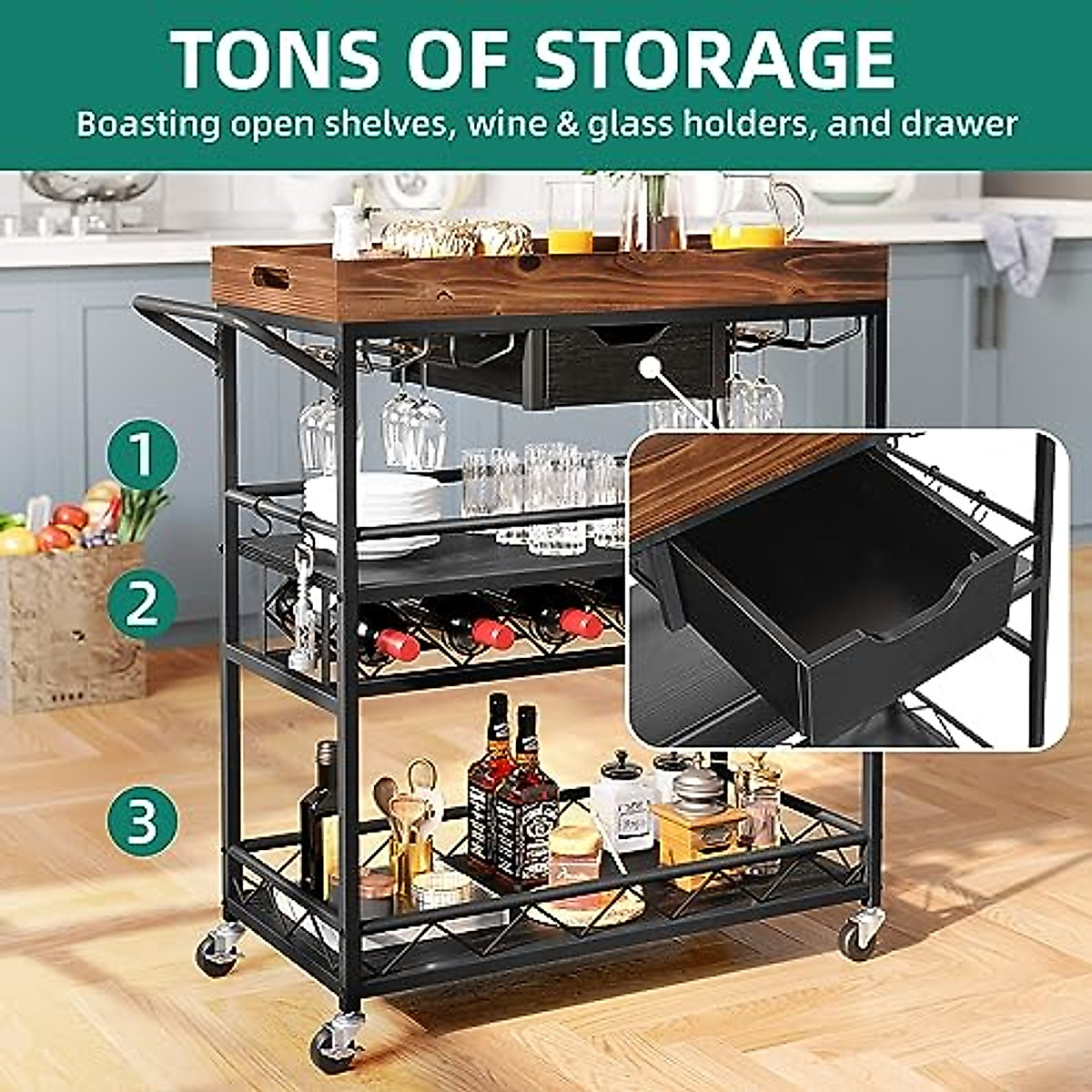 YITAHOME Industrial Bar Carts for The Home, Mobile Wine Serving Bar Cart on Wheels with Removable Wood Top Tray, 3 Tier Kitchen Cart Outdoor Mini Bar Home Bar with Drawer Wine Rack Glass Holder