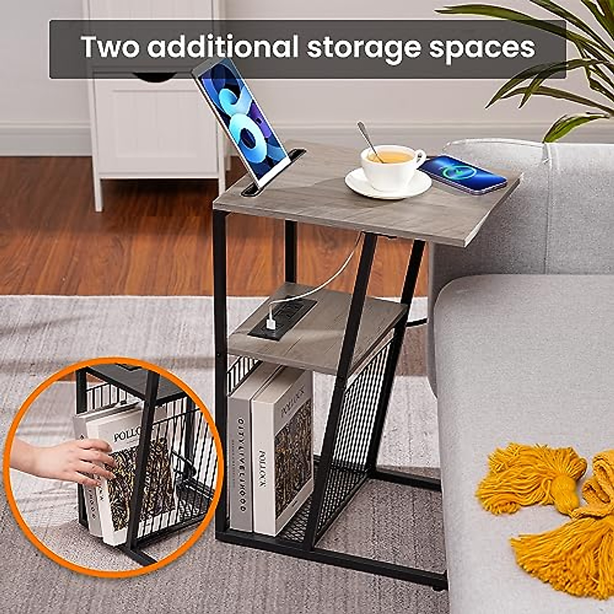 Heybly Side Table C Shaped Nightstand End Sofa Table with Charging Station, Phone Holder, 2 USB Ports and Power Outlets, Snack Couch Tables for Small Spaces, Greige and Black HET001CSG1