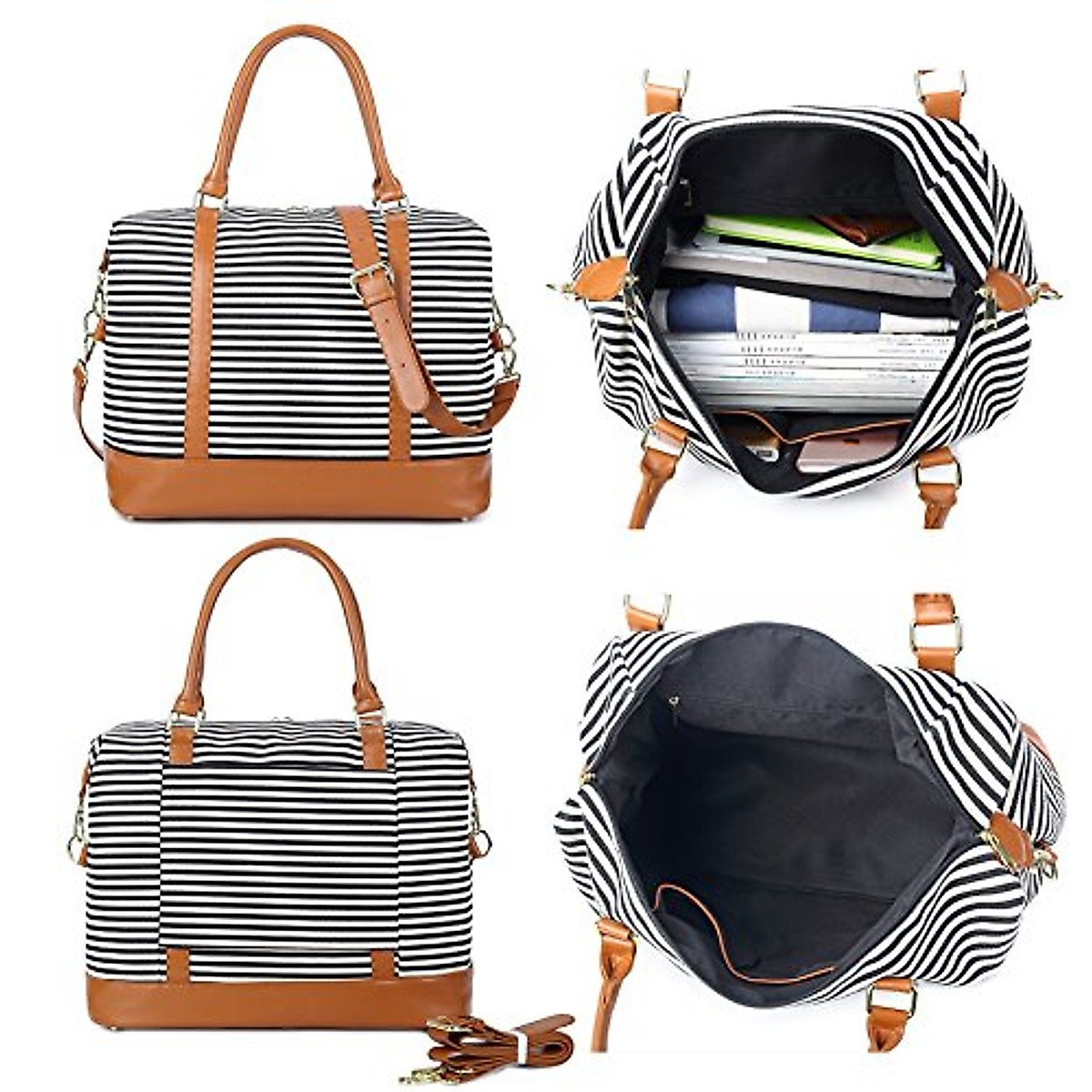 Bluboon Women Ladies Canvas Weekender Bag Overnight Carry-on Tote Duffel in Trolley Handle (BlackStripe)