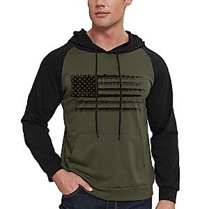 H HYFOL Men's Sweatshirt USA FLAG Patriotic Graphic Polyester Hoodies for Men Pocket Raglan Long Sleeve Sweatshirts(Olive Green,L)
