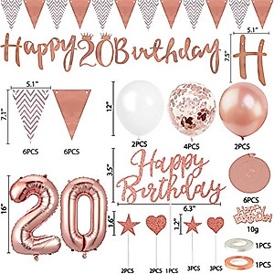 MOVINPE 20th Rose Gold Birthday Decorations, 20th Happy Birthday Banner Pennant Flags 6pcs Hanging Swirl, Number 20 Foil Balloons 8pcs Latex Balloons Cake Toppers Table Confetti for Girls Women