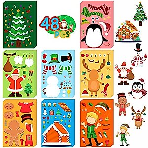 LINAYE 48 Sheets Christmas Stickers Crafts for Kids Toddlers, 8 Styles Make Your Own Christmas Stickers Christmas Goodie Treat Bag Stocking Stuffers Christmas Game Activities for Kids Toddlers Christmas Party Favors