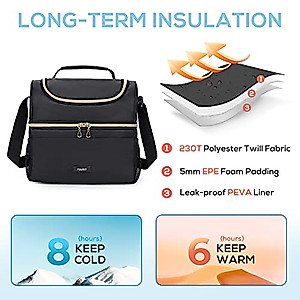 TOURIT Dual Compartment Lunch Bag Women Insulated Lunch Box Cooler Bag for Men, Women, Work, Picnic, Black