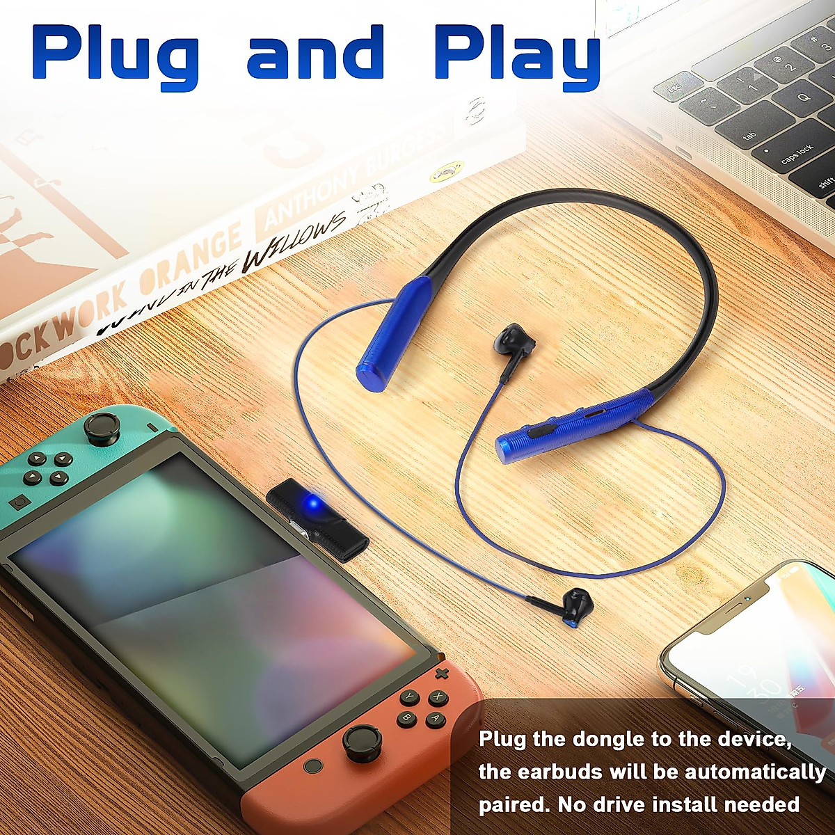 HUHD Wireless Gaming Headset Headphones for Switch PS5 PS4 PC Computer with Microphone, Bluetooth Gaming Earbuds 2.4GHz, Stereo Sound Behind-Neck in-Ear Wireless Game Headphones