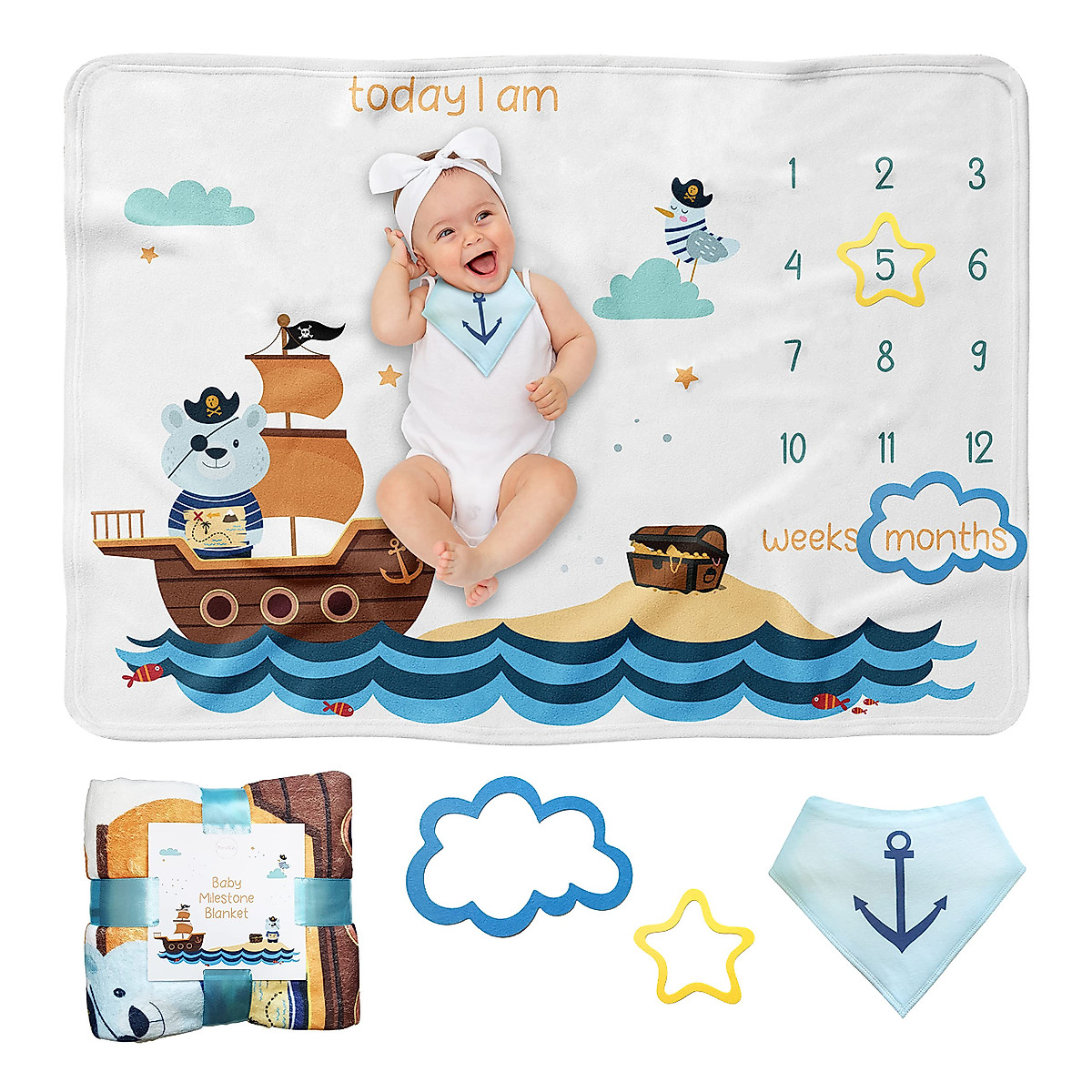 Baby Monthly Milestone Blanket for Baby Boy- Newborn Month Growth Chart Photo Blanket- Baby First Year Calendar- Great