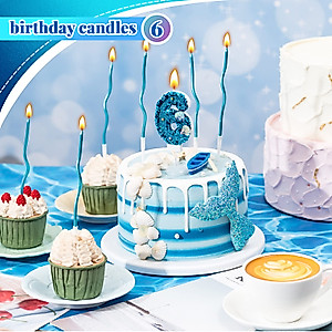 Landhoow 2.76 Inch Birthday Candle Shell Sequins Blue Candle with 6 Pcs 6.7 Inch Twisty Curly Coil Candles for Baby Girl Boy Birthday Cake Topper Anniversary Wedding Mermaid Party Decor(Number 6)