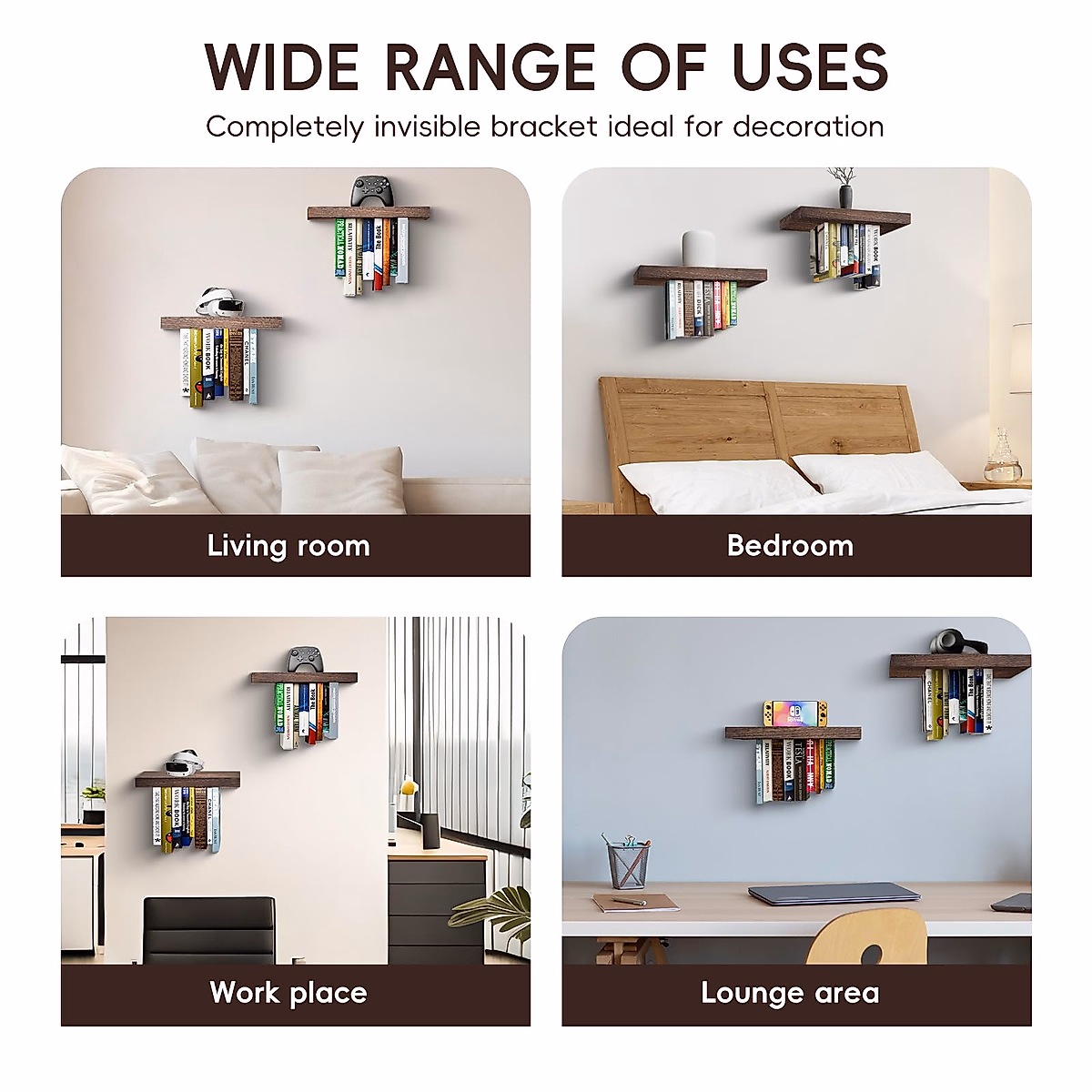 SAUCE ZHAN Floating Bookshelves for Wall, 2 Pack Thickened & Firm Invisible Book Shelf Floating with Elastic Bands, Rustic Natural Wood Unique Hanging Bookshelf Decor for Bedroom, Living Room, Office