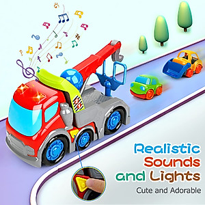 Yeedie 12 Inch Big Tow Truck with Hook and Bulldozer Car for Toddler Boys Girls, Friction Power Car Construction Toys with Sound & Light for Kids Birthday
