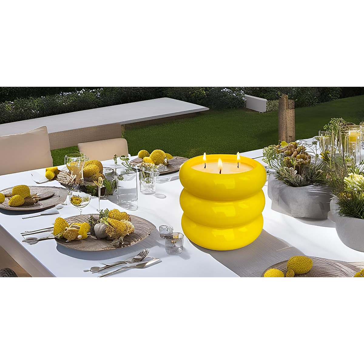 Outdoor 3 Wick Large Citronella Candle, 18oz, Ceramic, Yellow, Strong Lemongrass Scented Candles, for Patio Decor, Outside Table, Beautiful Candle Jars