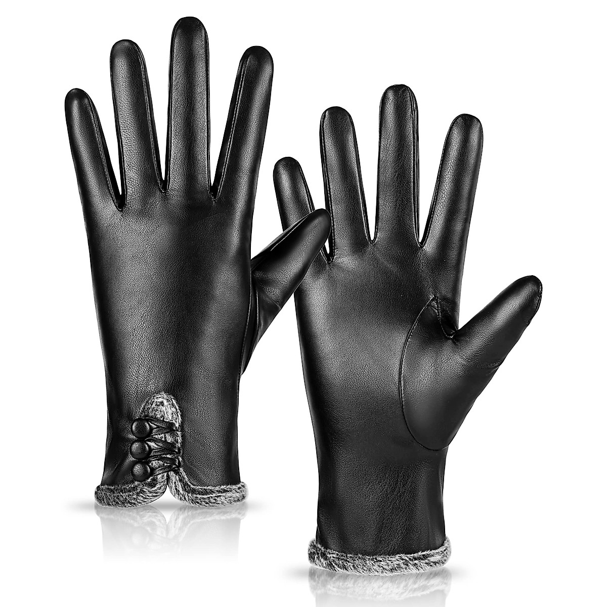 MAGILINK Womens Leather Gloves Fashion Cute, Gloves for Women PU Warm Wool Fleece Lined, Winter Gloves for Women Touchscreen Driving(Black-M)