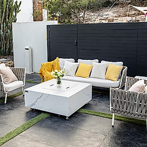 ELEMENTI Outdoor Fire Table Natural Gas 60,000 BTUs Firepit Patio Coffee Table, Backyard Fireplace Marble Porcelain Square Fire Pit, 17Inch-High,Bianco Series