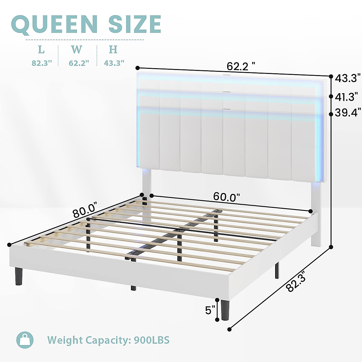 Hasuit Queen Bed Frame with Headboard and LED Light, Vegan Leather Platform Bed Queen Size with Charging Station, Upholstered Headboard Height Adjustable, Noise Free, Easy Assembly, White