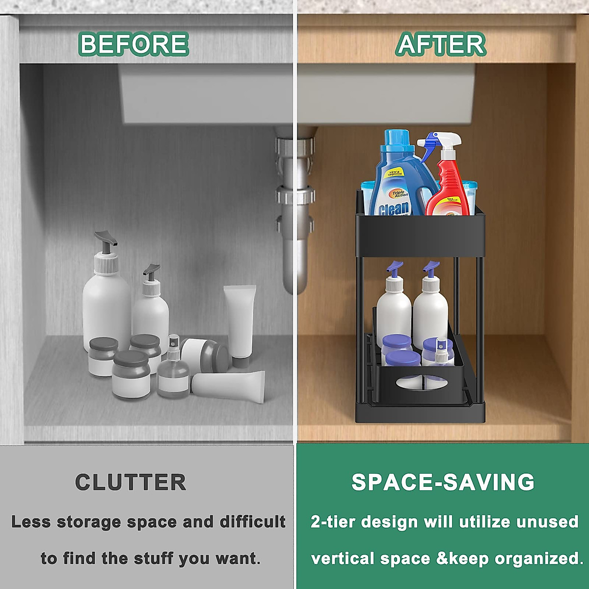 2 Pack Under Sink Organizers and Storage, 2-Tier Bathroom Organizer with Pull-Out Drawer & Hooks, Under the Sink Kitchen Cabinet Organizers Shelf for Countertop Laundry Organization and Storage-Black