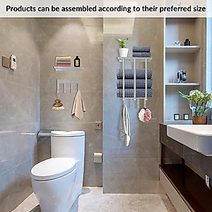 Bathroom Towel Rack with 4 Hooks - Wall Mount Towel Holder for Bathroom with Metal Shelf, Ideal Bathroom Storage Organizer and Decor（Grey）