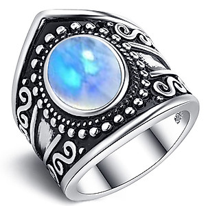 MYLYAHY S925 Sterling Silver Round Moonstone Full Finger Wide Bands Ring,S925 Sterling Silver Retro Vintage Antique Crystal Big Large Thumb Index Bands Ring,Natural Genuine Real Gemstone Boho Statement Bands Ring Jewelry Gift for Women Girls Her (Ring_C,