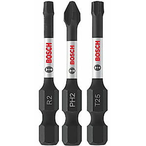 BOSCH ITV203 3-Piece 2 In. Impact Tough Screwdriving Power Bits Mixed Set Including PH2, SQ2, T25 Bits