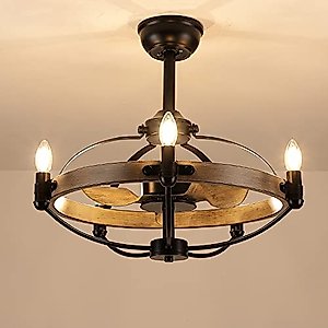 MADSHNE 24" Caged Ceiling Fan with Lights and Remote,Small Rustic Farmhouse Ceiling Fan,Black Bladeless Candle Chandelier Ceiling Fan, Reversible (Bulbs Included)