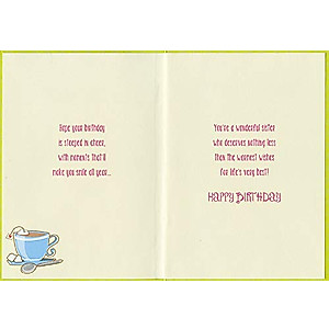 Designer Greetings Coffee and Tea Cups on Green Diagonal Stripes Birthday Card for Sister
