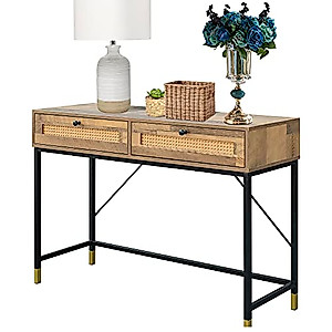 GIA Home Furniture Series Mid Century Console Table Rattan Crafted Drawers,Wood Computer Desk Installed,Salmon Oak Finishing, Black Metal Leg