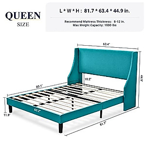 Allewie Queen Bed Frame, Platform Bed Frame Queen Size with Upholstered Headboard, Modern Deluxe Wingback, Wood Slat Support, Mattress Foundation, Peacock Green