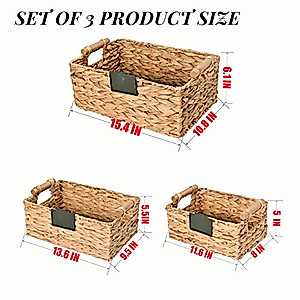 Donmills Wicker Storage Basket Rectangular with Wooden Handles for Shelves, Natural Water Hyacinth Handmade Pantry Basket Storage for Organizing, Woven Cube Storage Bin with Chalkboard Label