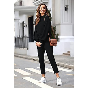 Women's 2 Piece Pant Set Sweatsuit Long Lantern Sleeve Sweatshirt Jogger Pant Tracksuit Black M