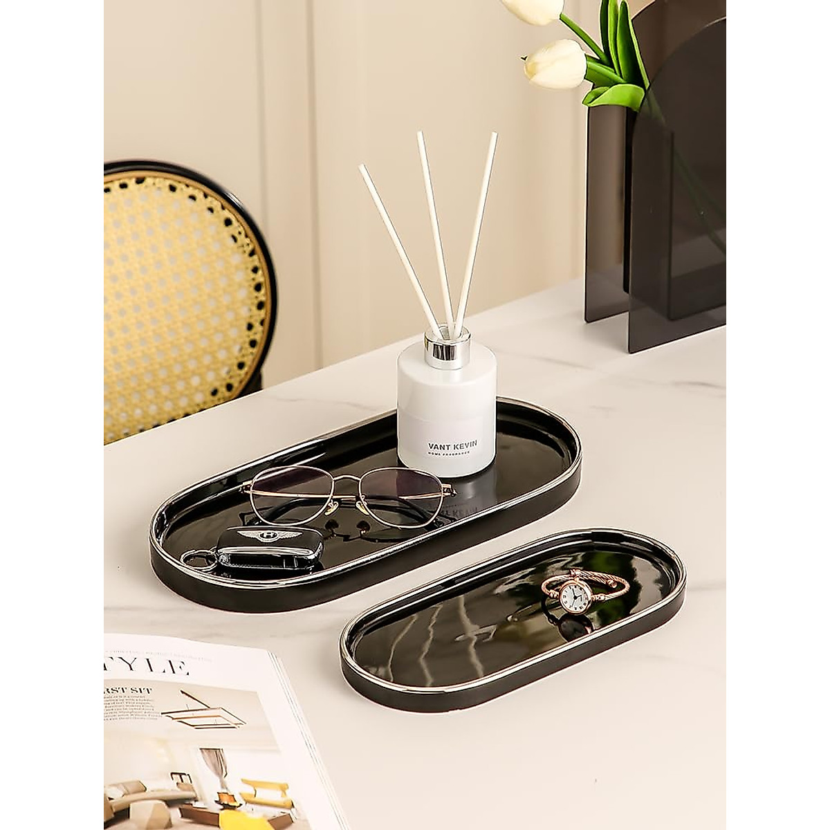 Redelaenor Ceramics Bathroom Tray for Counter, Perfume Key Trinket Ring Tray, Decor Soap Dispenser Countertop Tray for Kitchen Sink Organization.(Black Medium