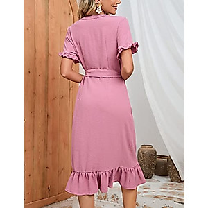 KOJOOIN Women's Button Down Midi Shirt Dress Summer Short Sleeve Tie Waist Split Business Casual Work Long Maxi Dress Dusty Pink XL