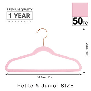MIZGI Premium Kids Velvet Hangers (Pack of 50) 14" Wide with Copper Rose Gold Hooks,Space Saving,Nonslip Huggable Closet Hangers for Petite Junior Children's Skirt Dress Pants,Clothes Hangers